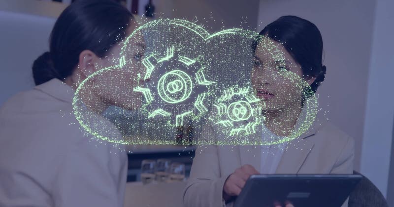 Two Professionals Discussing Technology with Cloud and Gears Animation Overlay Stock Footage ...