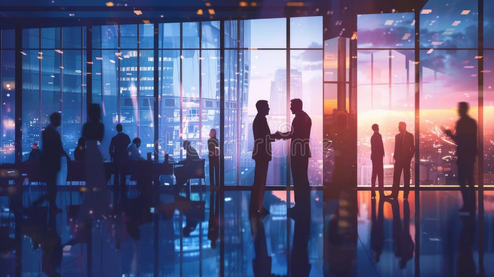 Two Professionals Engage in a Handshake in a Modern Office with a ...