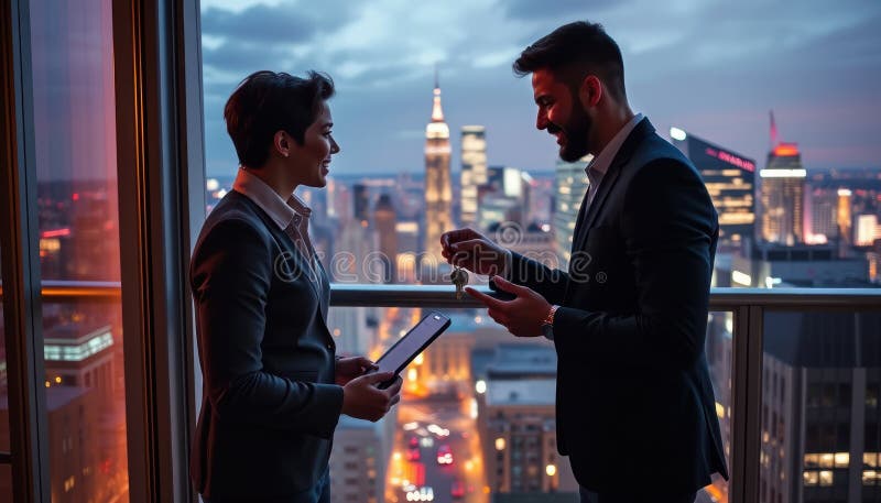 Two Professionals Engaged in Conversation with a City Skyline Backdrop ...