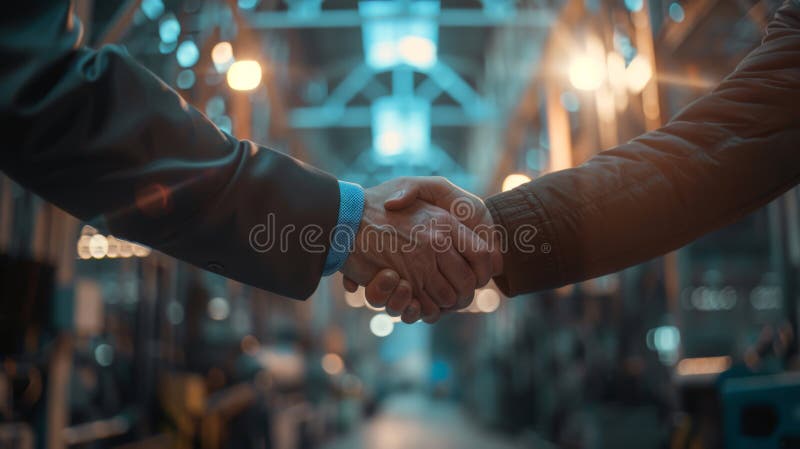 Two Professionals Exchange a Firm Handshake in an Industrial Factory ...