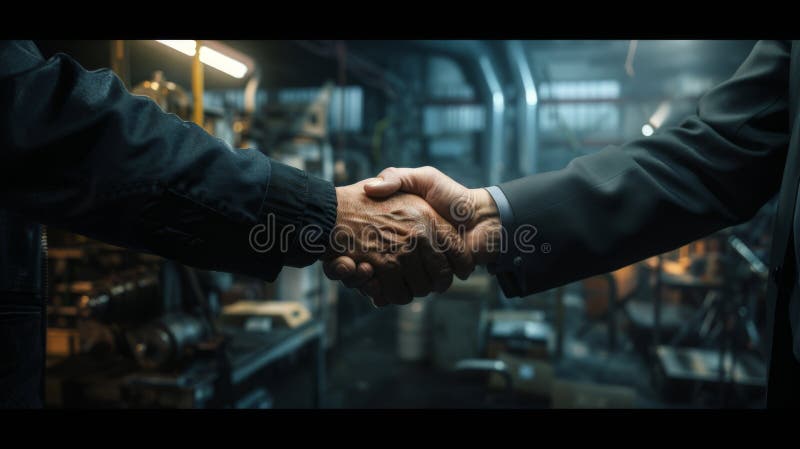 Two Professionals Exchange a Firm Handshake in an Industrial Factory ...