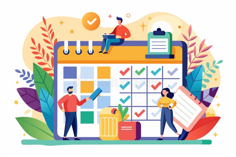 Two Professionals Organize Their Business Tasks Using a Vibrant Calendar and Checklist with ...