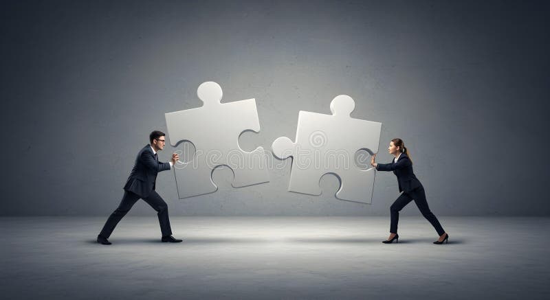 Businessman and Businesswoman Pushing Large Puzzle Pieces Together ...