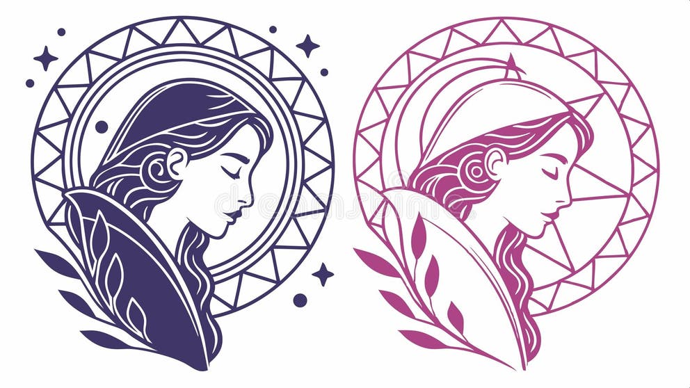 Two Profile Faces within Decorative Circles with Floral Elements Vector Design Generative AI ...