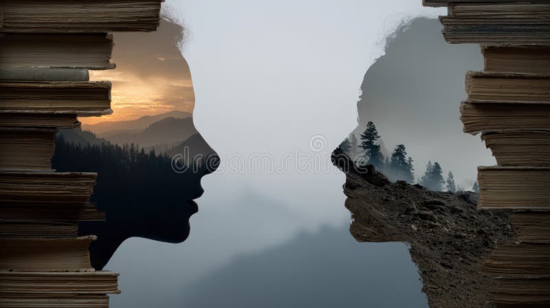 Two Profiles with Books and Mountains Create Surreal Double Exposure ...
