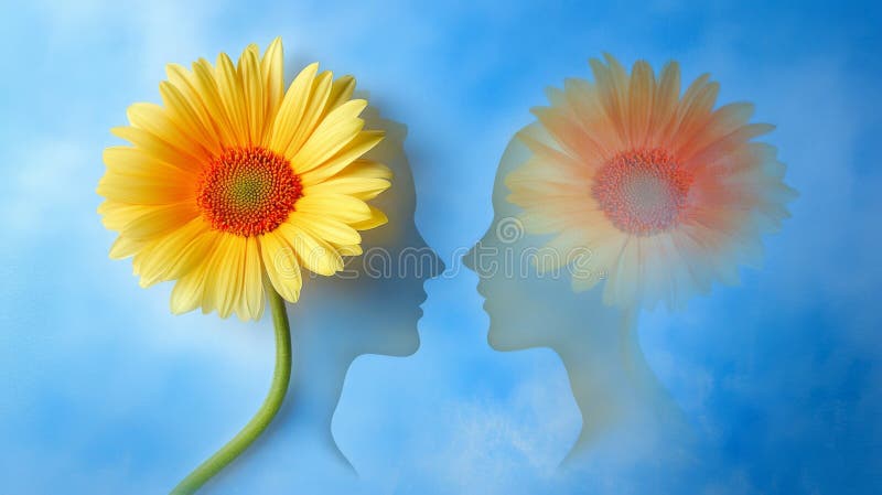 Two Profiles in Silhouette Adorned with Flowers Against a Pastel ...