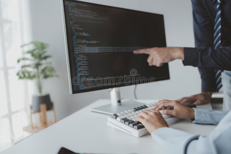 Two Programmers Looking At Computer Screen Programmer Design Custom 4910