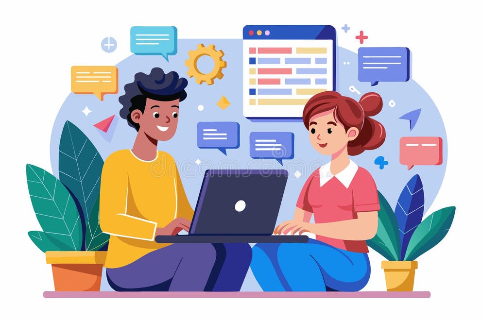 Two Programmers Work Together on a Laptop, Collaborating on a Coding ...