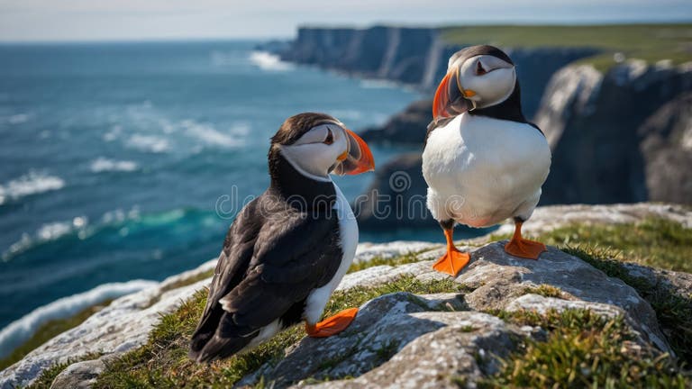 Two Puffins Perched on a Rocky Cliff Overlooking the Ocean Stock ...