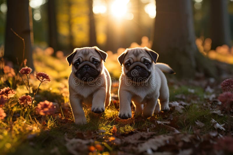 Two Pugs are Walking in the Forest. Stock Image - Image of portrait ...