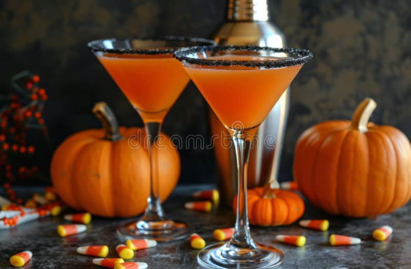 Two Pumpkin Spice Martinis with Black Sugar Rims and Candy Corn Stock ...