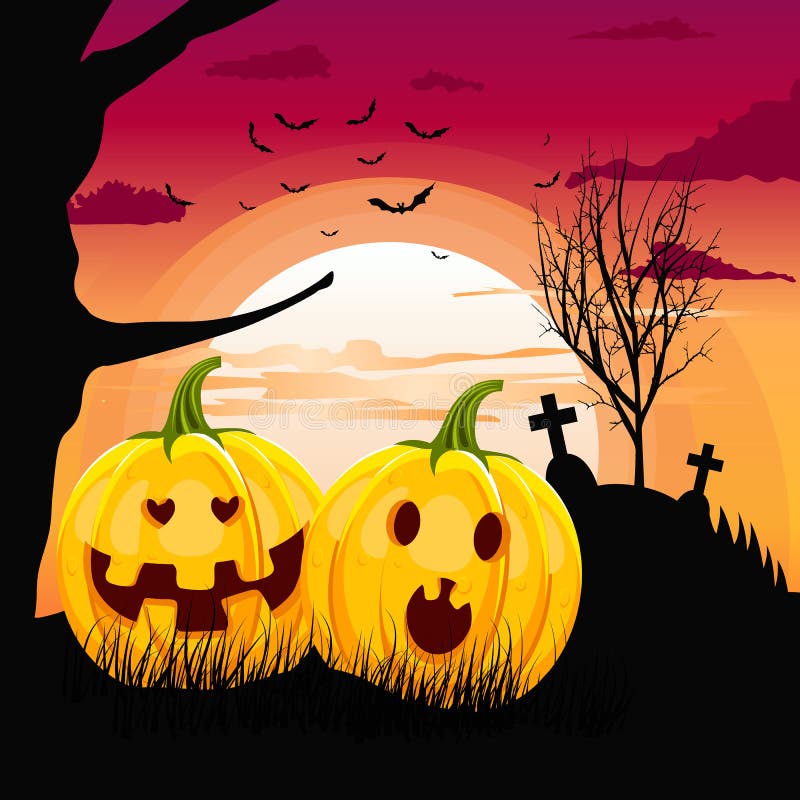 Two Pumpkins in Romantic Full Moon Halloween Night Date Stock Vector ...