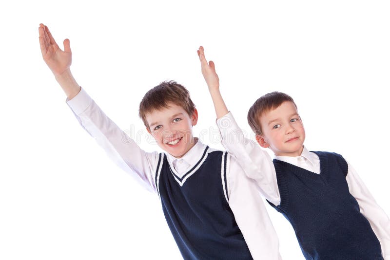 Two Pupils Raise Their Hands Up Stock Photo - Image of merry, carefree ...