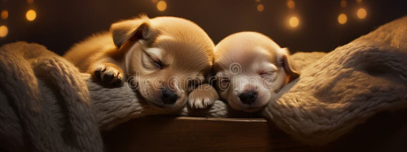 Two Puppies are Sleeping in Bed. Generative AI, Stock Image - Image of ...