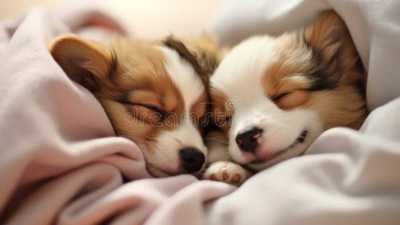 Two Puppies are Sleeping in Bed. Generative AI, Stock Photo - Image of ...