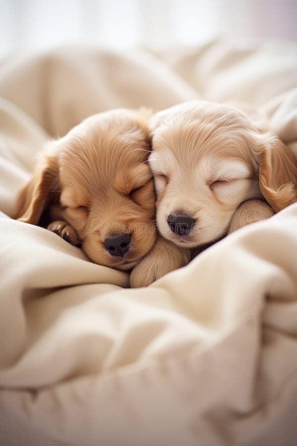 Two Puppies are Sleeping in Bed. Generative AI, Stock Photo - Image of ...