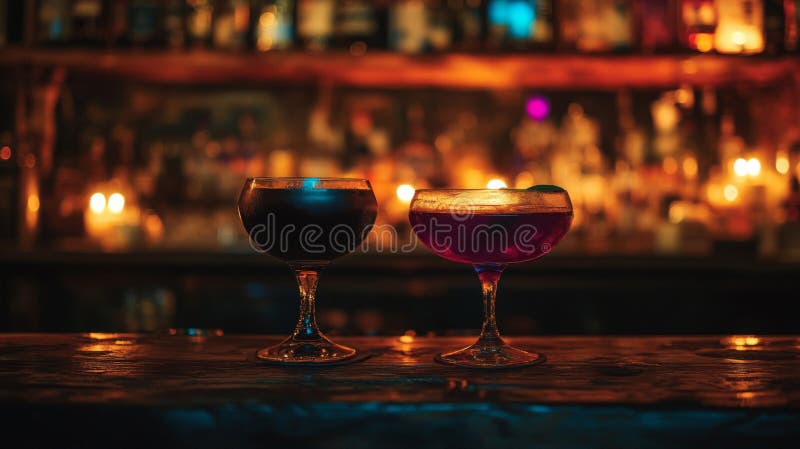 Two Purple Cocktails on Dark Bar Counter at Night Stock Illustration ...