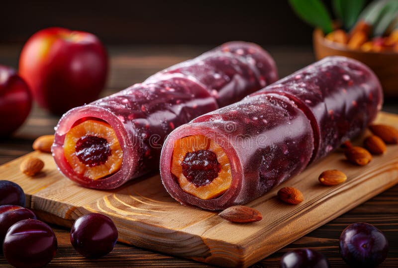 Two Purple Fruit Rollups with a Jelly Center and a Piece of Fruit in ...