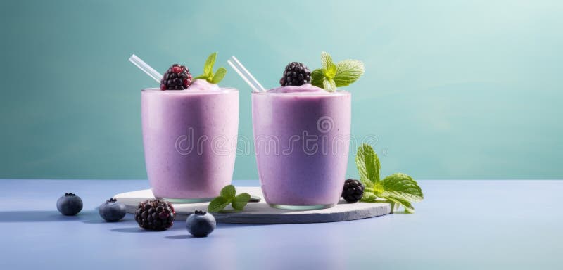 Two Purple Fruit Yogurt Smoothies on a Table Stock Image - Image of ...