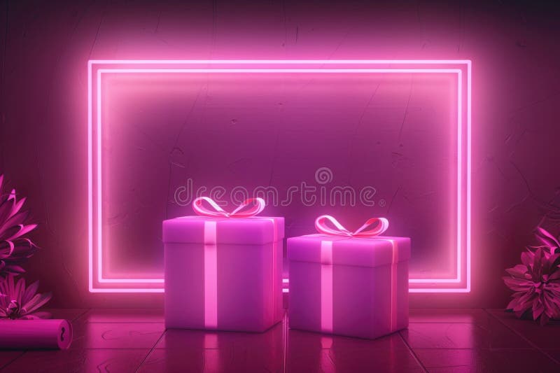 Two Purple Gift Boxes with Pink Bows in Front of a Neon Frame. Ideal ...
