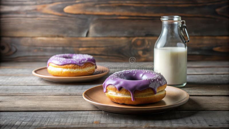 Two Purple Icing Donuts with Sprinkles and Milk on Rustic Wooden Table ...