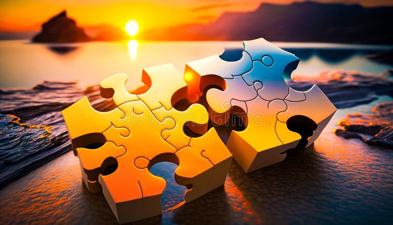 Two Puzzle Pieces on Beach with the Sun Setting in the Background ...