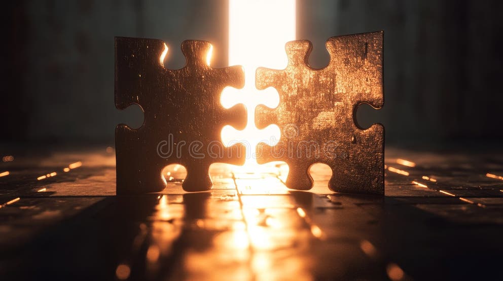 Two Puzzle Pieces Connect, Illuminated by a Bright Light Stock ...