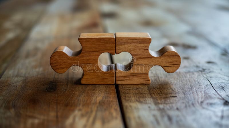 Two Puzzle Pieces Connected on Wooden Table Stock Illustration ...