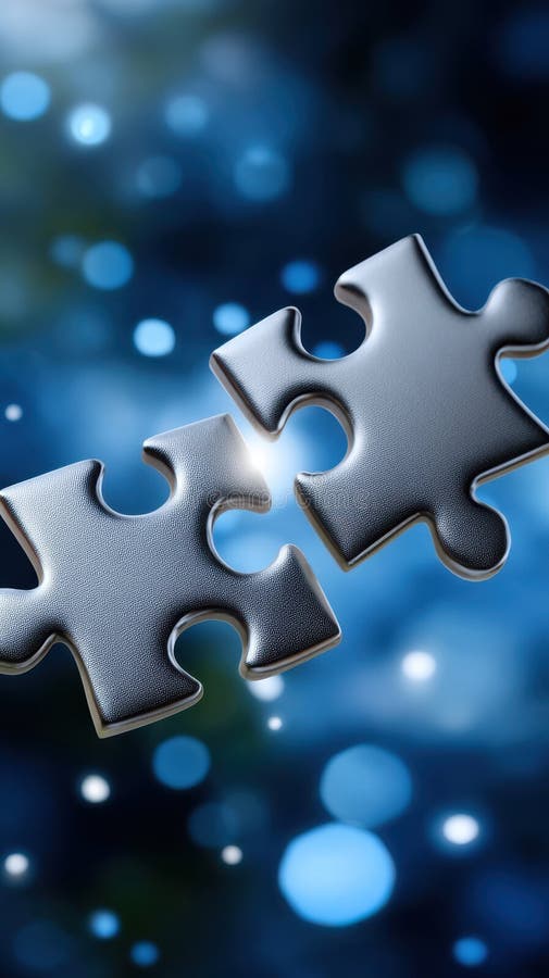 Two Puzzle Pieces Connecting on Abstract Blue Background with Bokeh ...