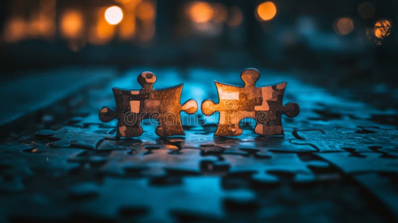 Two Puzzle Pieces Connecting on a Dark Background with Warm Lighting ...