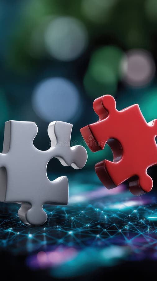 Two Puzzle Pieces Connecting Over a Network Background, Teamwork and ...
