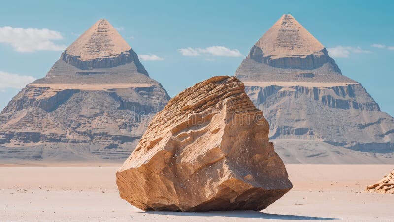 Two Pyramids are in the Background and a Large Rock is in the ...