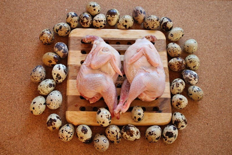 Two Quail Carcasses on the Board and Many Small Eggs Stock Photo ...