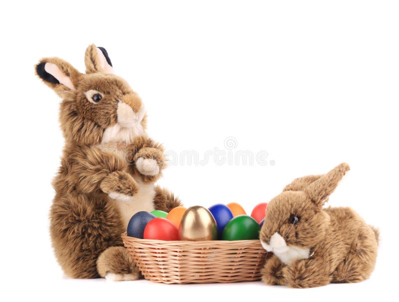 Two Rabbit with Basket of Easter Eggs. Stock Photo - Image of ...