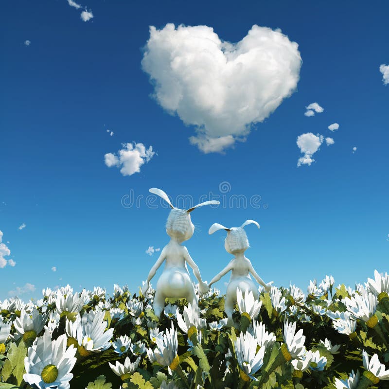 Two Rabbit on White Flower Field Stock Illustration - Illustration of ...