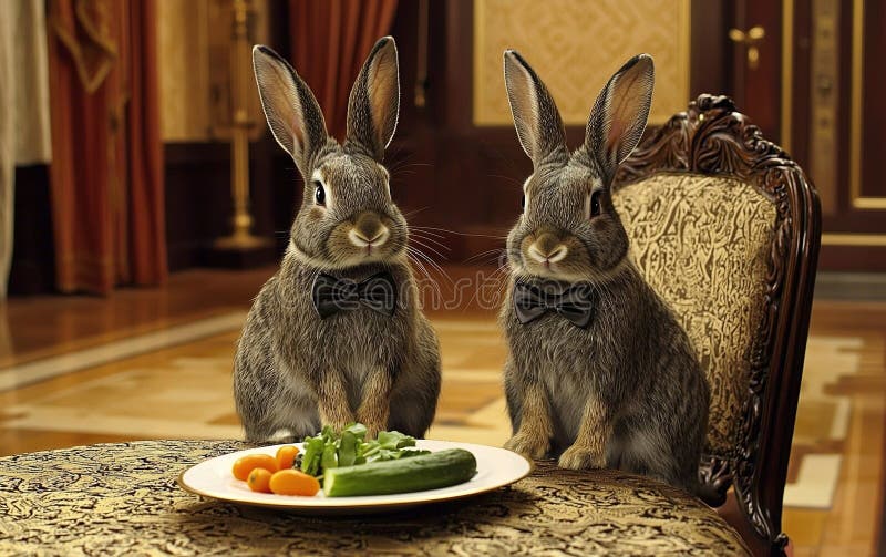 Two Rabbits in Bow Ties Dining Elegantly at a Luxurious Table with ...