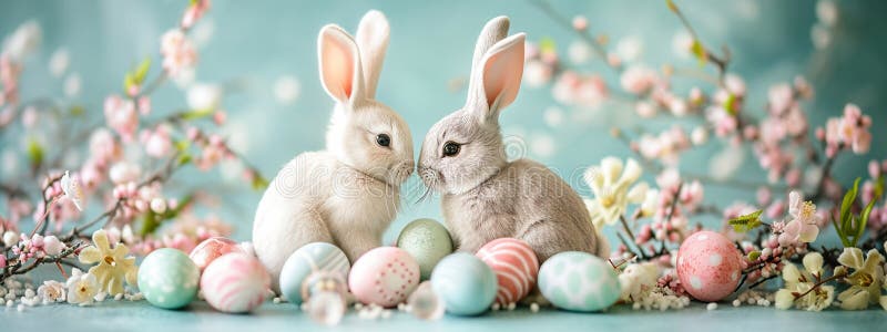 Two Rabbits and Colorful Eggs, Easter Concept Stock Photo - Image of ...