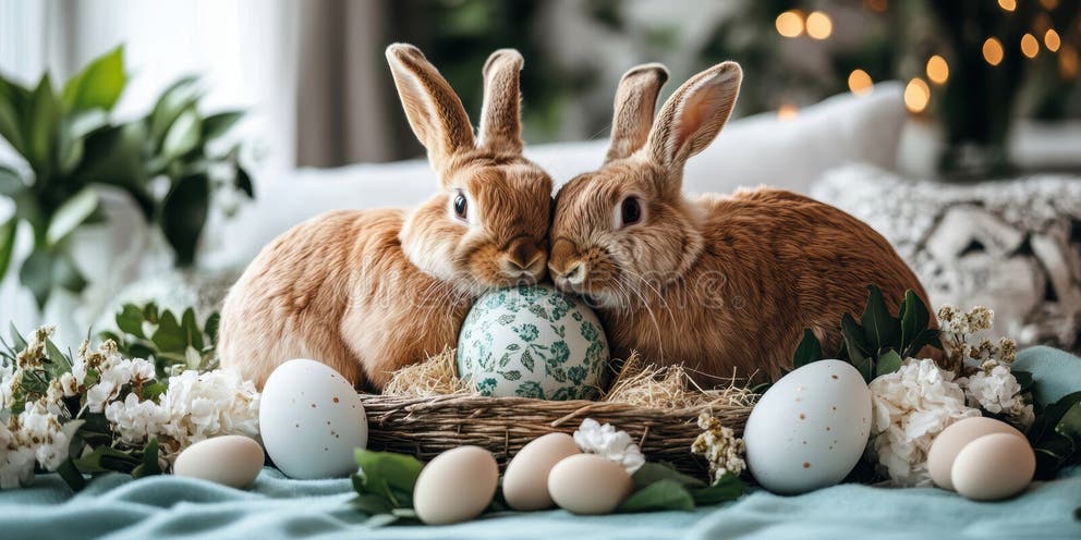 Two Rabbits Cuddle Together on a Cozy Bed, Embodying the Warmth of ...