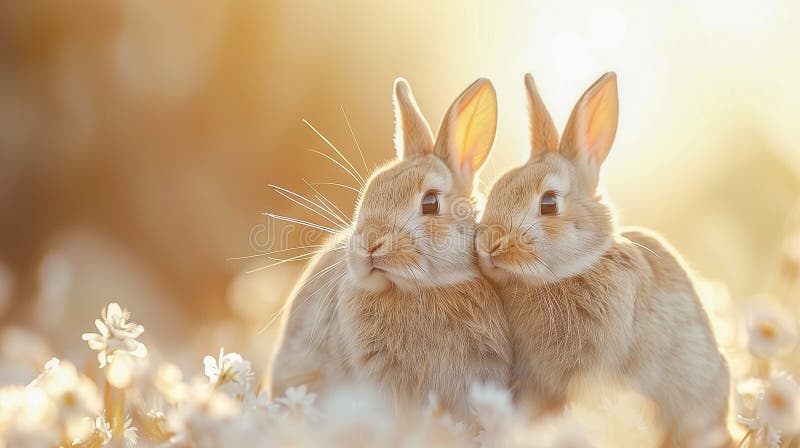 Two Rabbits Cuddling in a Sunlit Meadow Stock Illustration ...