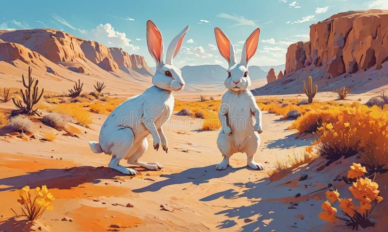 Two rabbits in the desert stock illustration. Illustration of desert ...