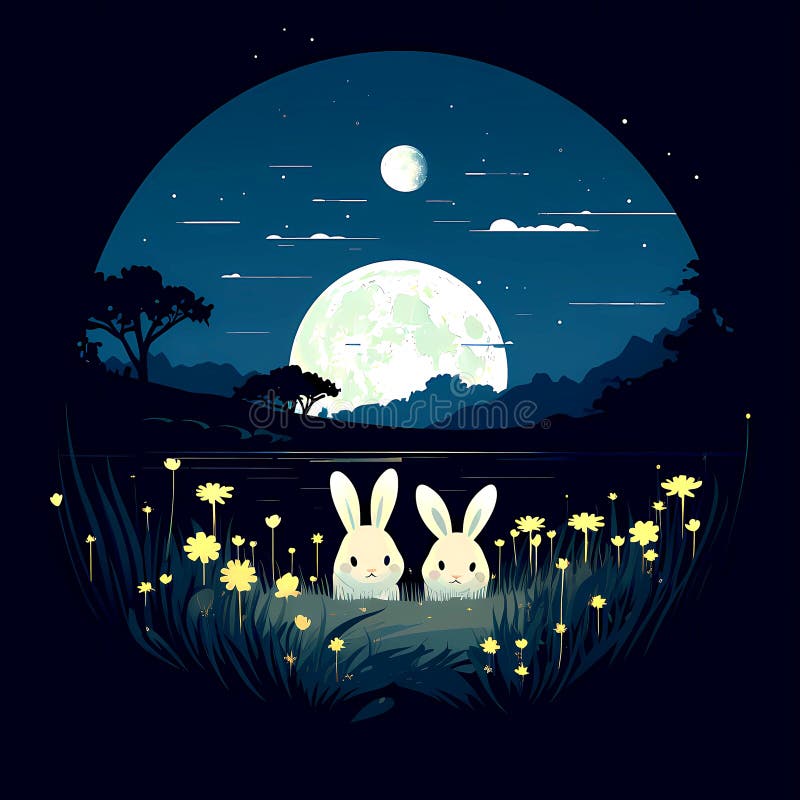 Two rabbits in field night stock illustration. Illustration of ...