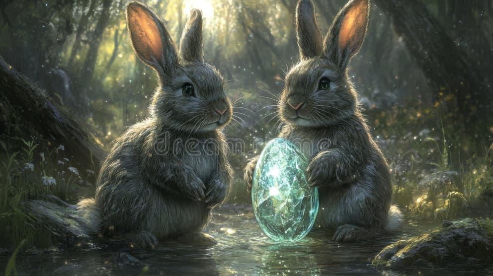 Two Rabbits with Glowing Orb in Enchanted Forest Stock Illustration ...