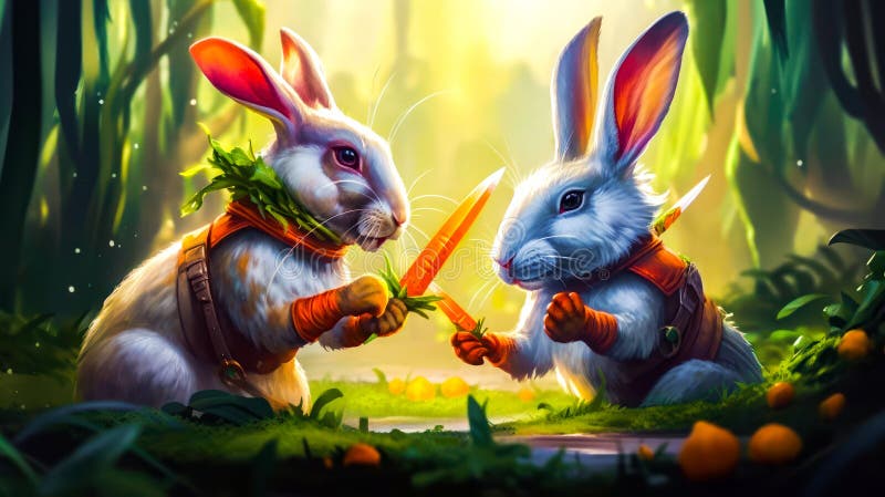Two Rabbits Holding Carrots In Forest Generative Ai Stock Illustration