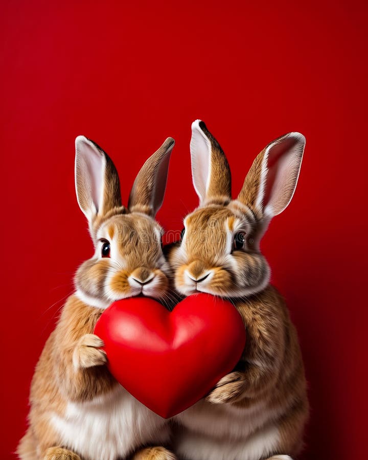 Two Rabbits Holding Red Heart in Their Hands. Generative AI Stock Image ...