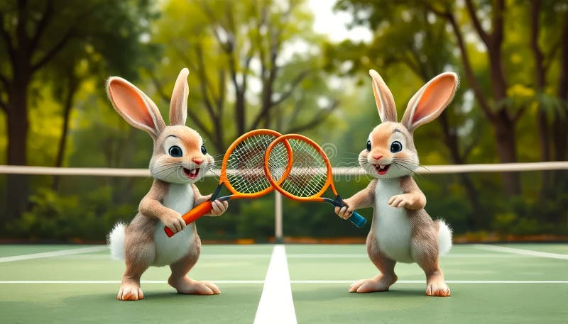Two Rabbits Holding Tennis Rackets and Playing Tennis Stock Photo ...