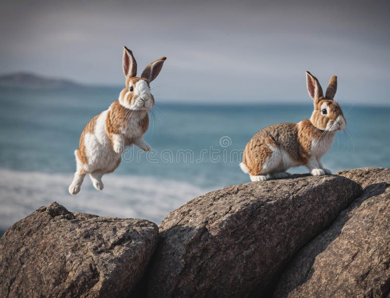 Two Rabbits are Jumping on a Rock Near the Ocean Stock Photo - Image of ...