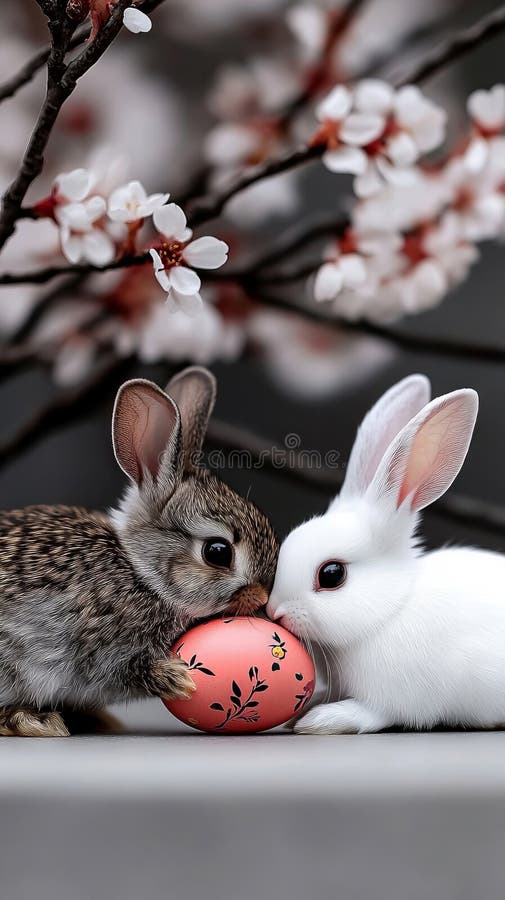 Two Rabbits Kissing Each Other while Holding an Easter Egg Stock Photo ...
