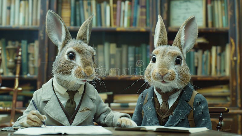 Two Rabbits in a Library stock illustration. Illustration of reading ...