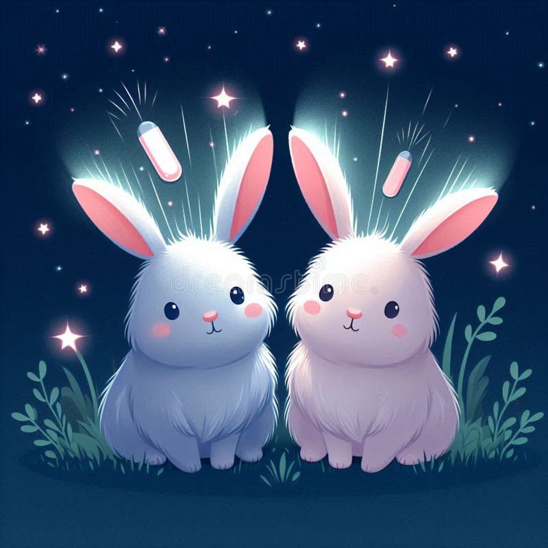 Two Rabbits with Light Up Objects Above Them Stock Photo - Image of ...