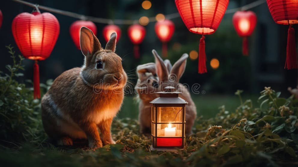 Adorable Rabbits with Lanterns in a Magical Night Garden Stock ...